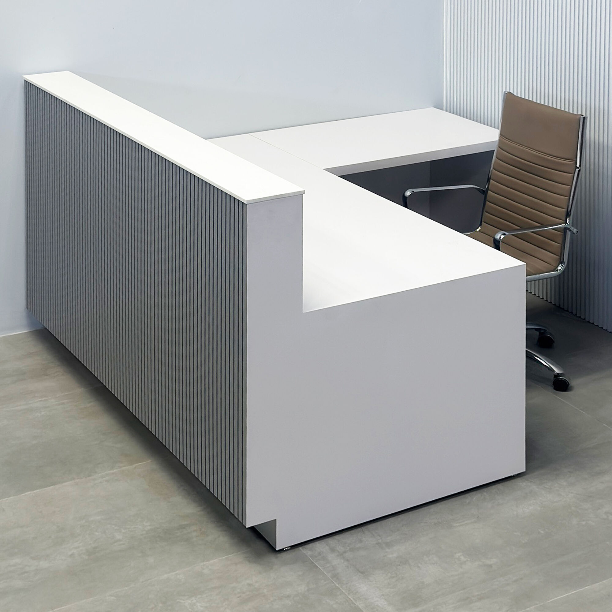 Dallas Straight Reception Desk with Return in Fog Gray Matte Tambour ...